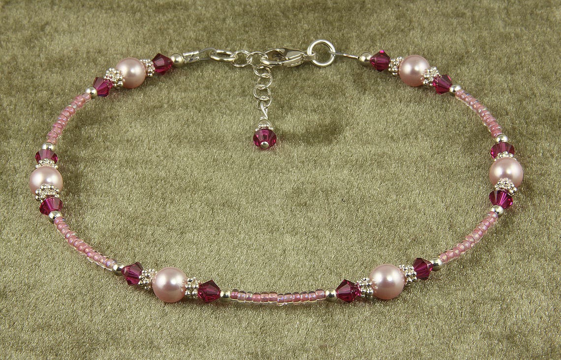 Fuchsia Pink Rose Crystal Pearl Anklet Custom Pink Anklet - Etsy