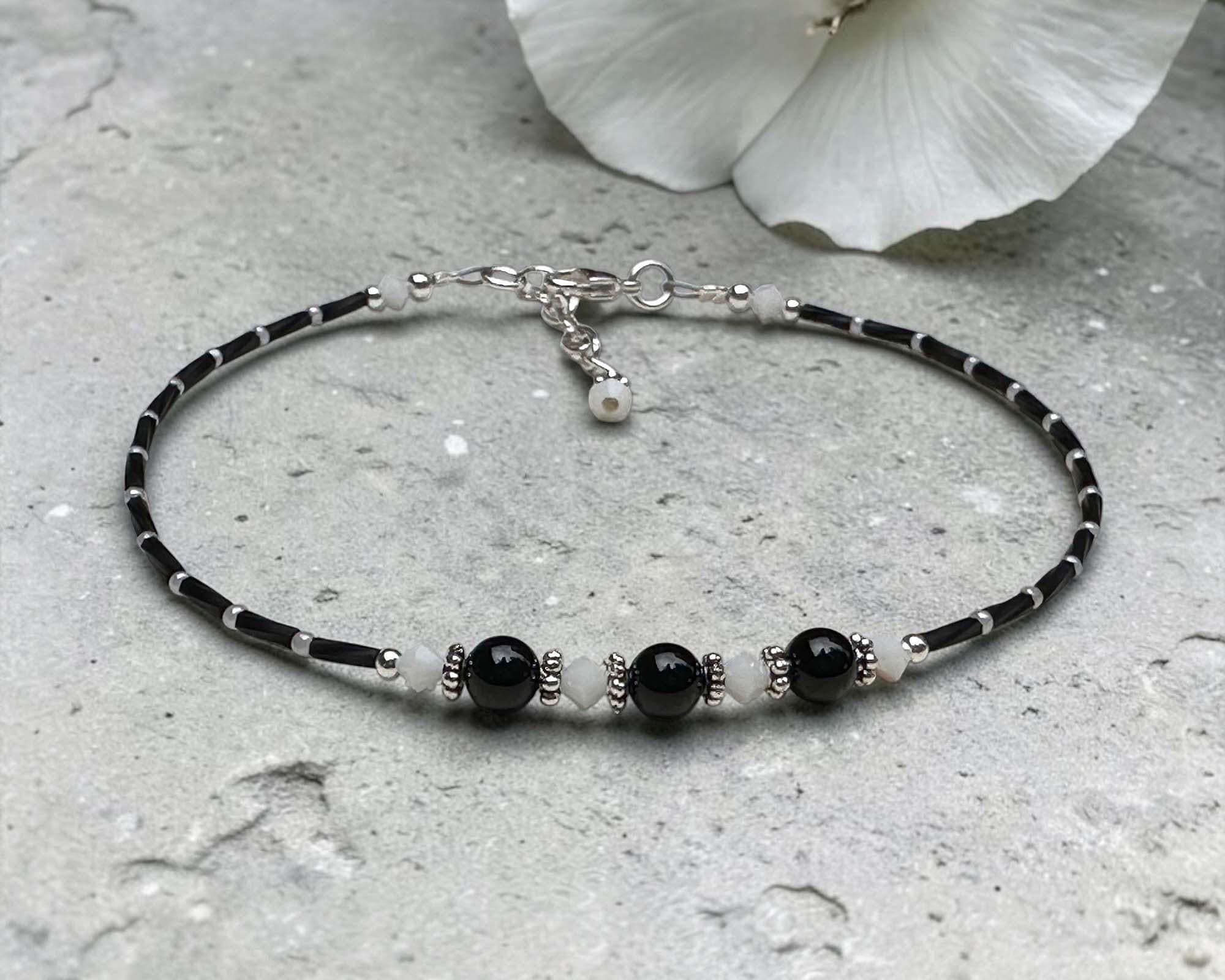 Elegant Black Onyx Anklet, Minimalist Beaded Anklet, Silver Crystal ...