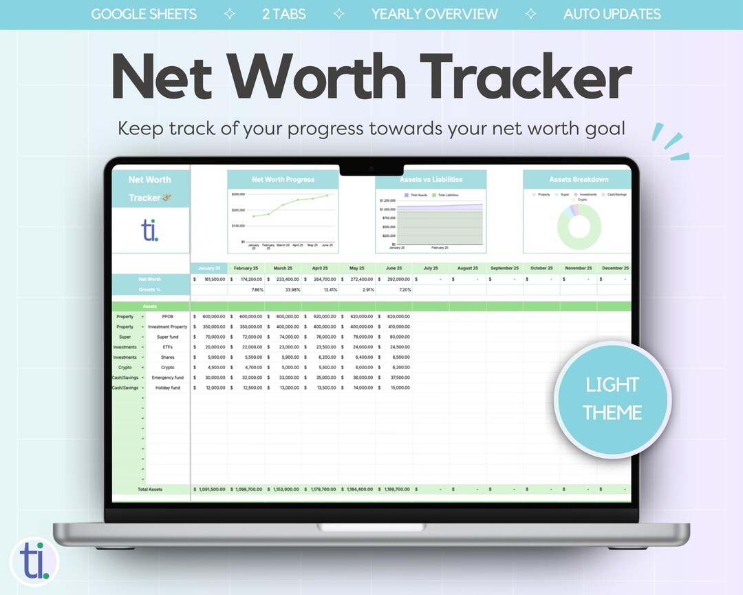 Net Worth Tracker Spreadsheet for Google Sheets | Light Theme ...