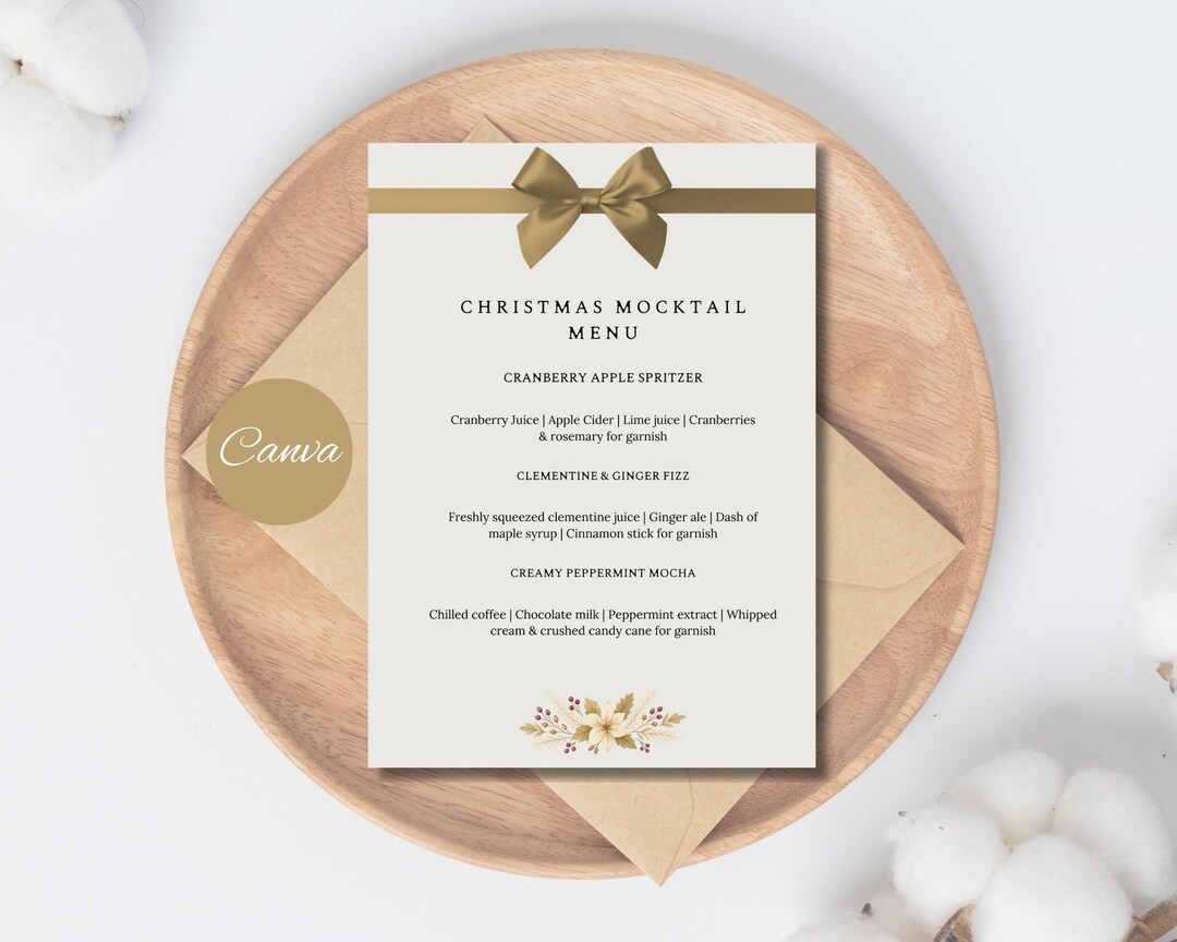 Neutral Christmas Drink Menu Holiday Mocktail Menu Template Festive Non ...