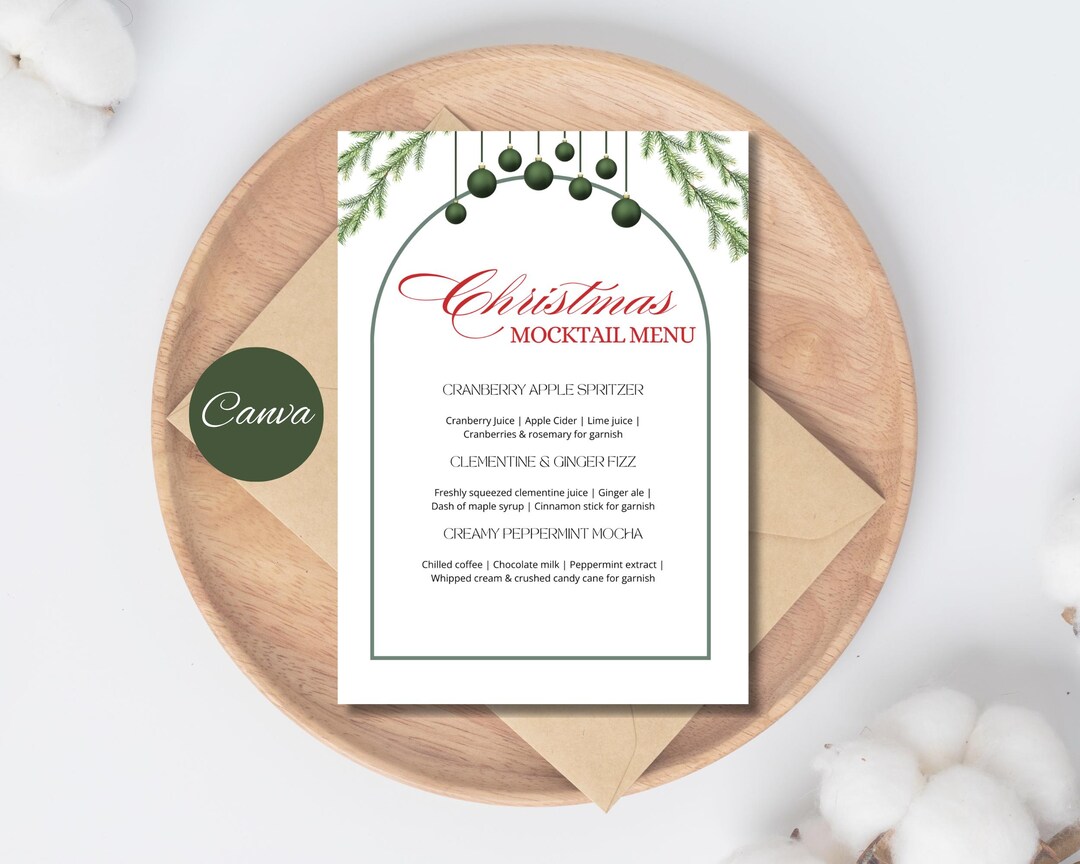 Greenery Christmas Mocktail Menu Holiday Drink Menu Template Festive ...