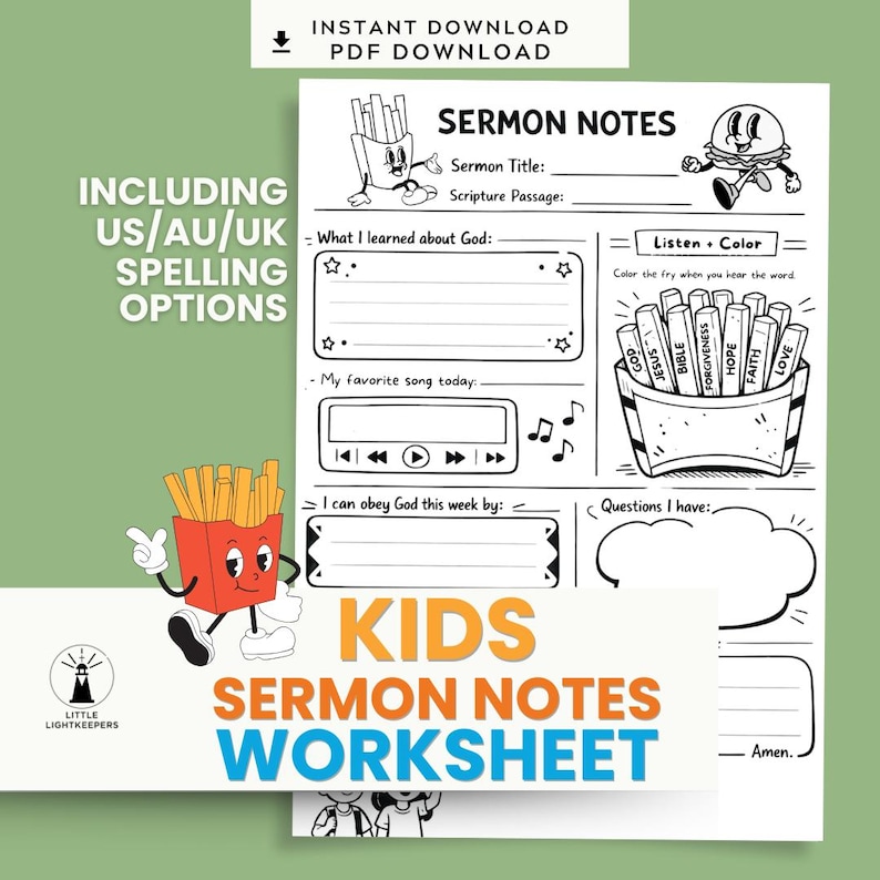 Kids Church Worksheet | Bible Study Notes Template | Printable Sermon ...