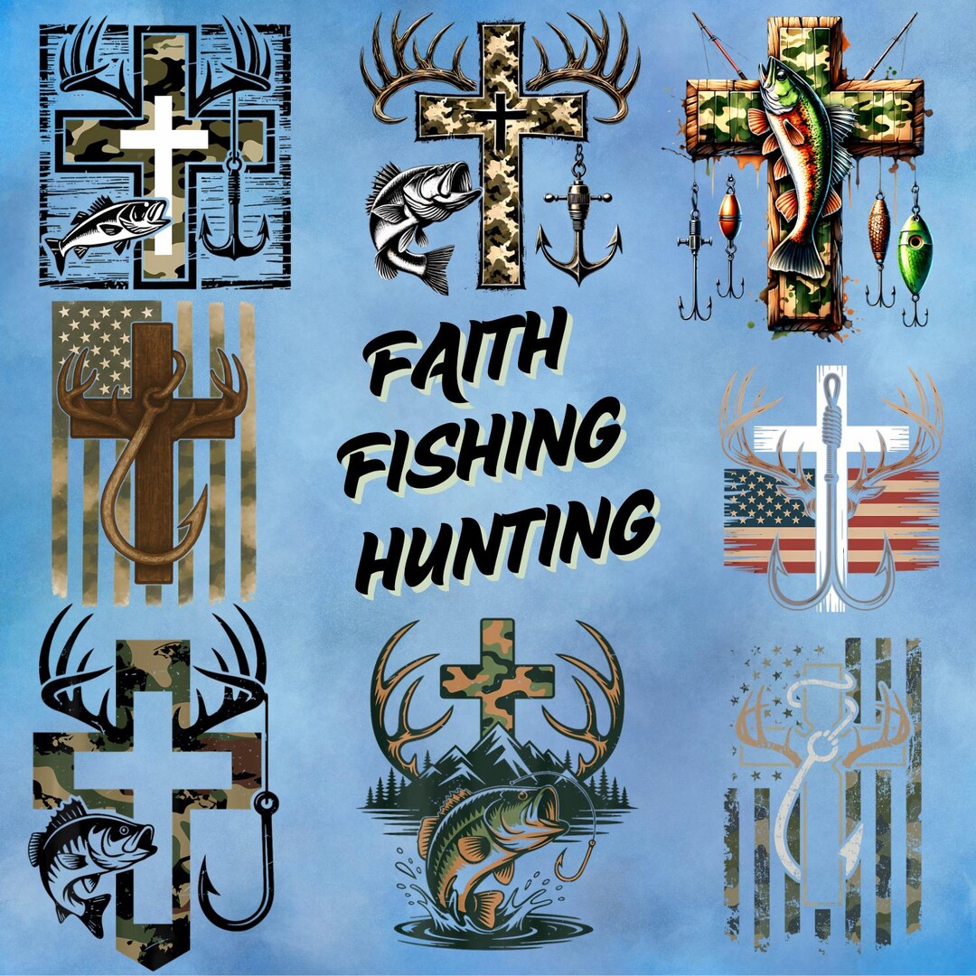 Faith Fishing Hunting PNG Bundle, Camo Cross With Hook Png, Antlers and ...
