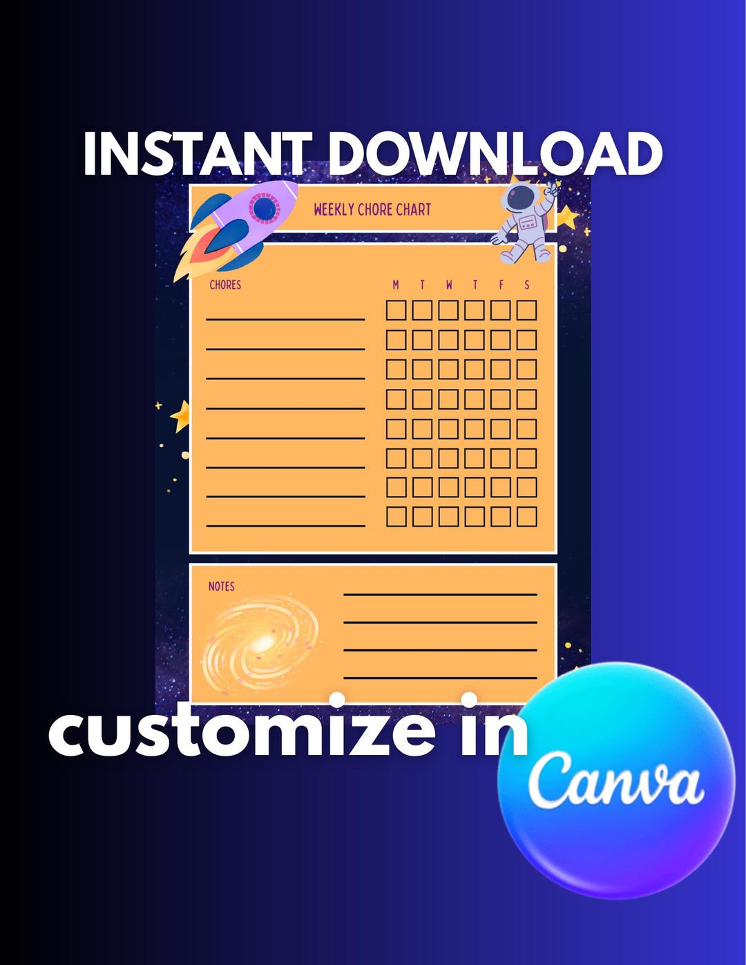 Ready to Print Kid’s Chore Chart Space Theme | Fully Editable Canva ...