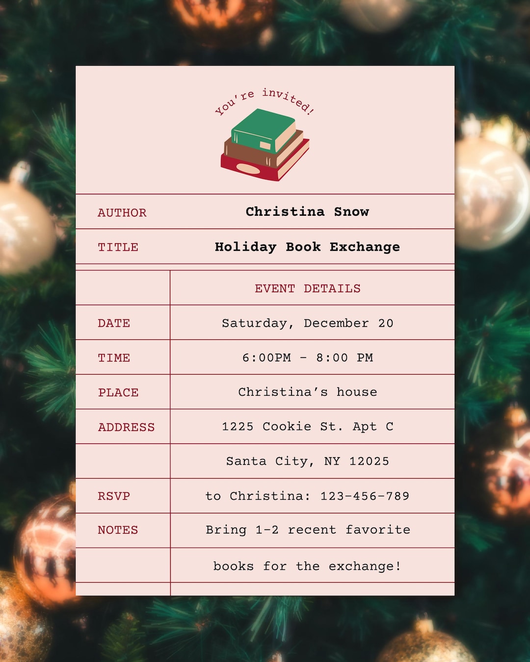Holiday Book Exchange Library Card Invitation Template | Christmas Book ...
