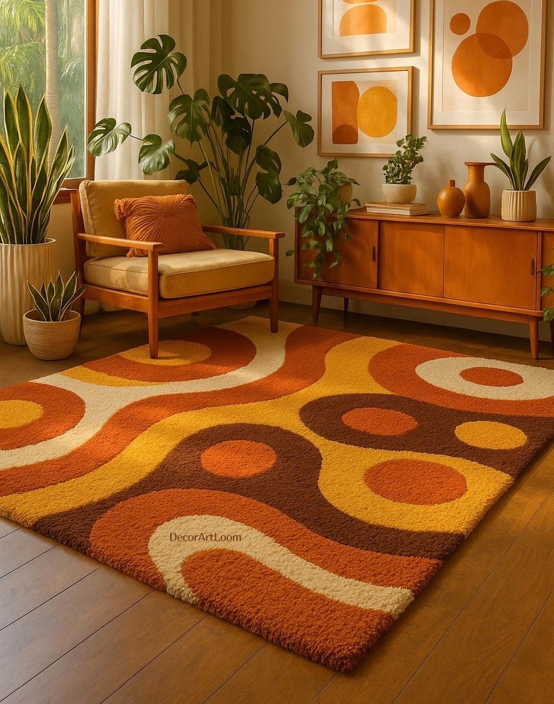 Retro Wave Shag Rug – 70s Mid Century Abstract Orange Brown Wool Area ...