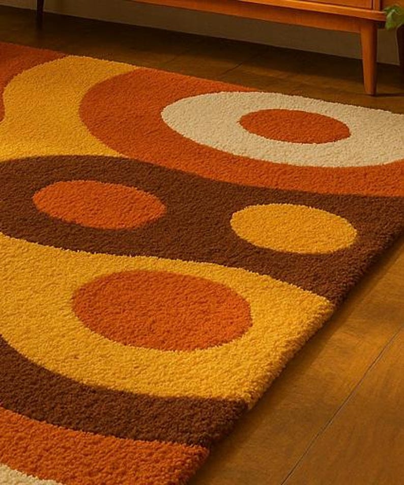 Retro Wave Shag Rug – 70s Mid Century Abstract Orange Brown Wool Area ...