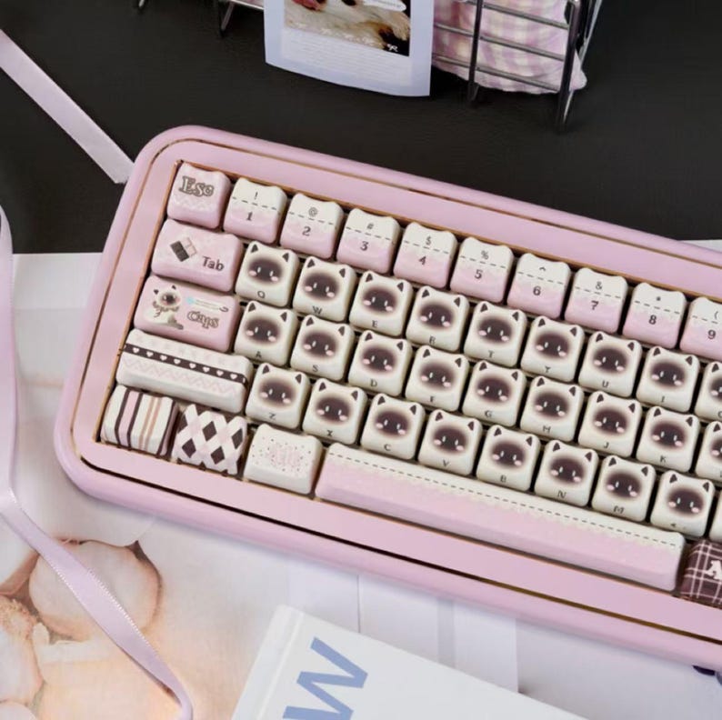 Bowknot-akawaii Pink Siamese Cat Keycaps,5-side Sublimation Keycap Set ...