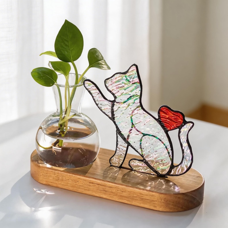 Cat Lover Gift, Stained Glass Cat Planter, Hydroponic Vase, Cute Cat ...