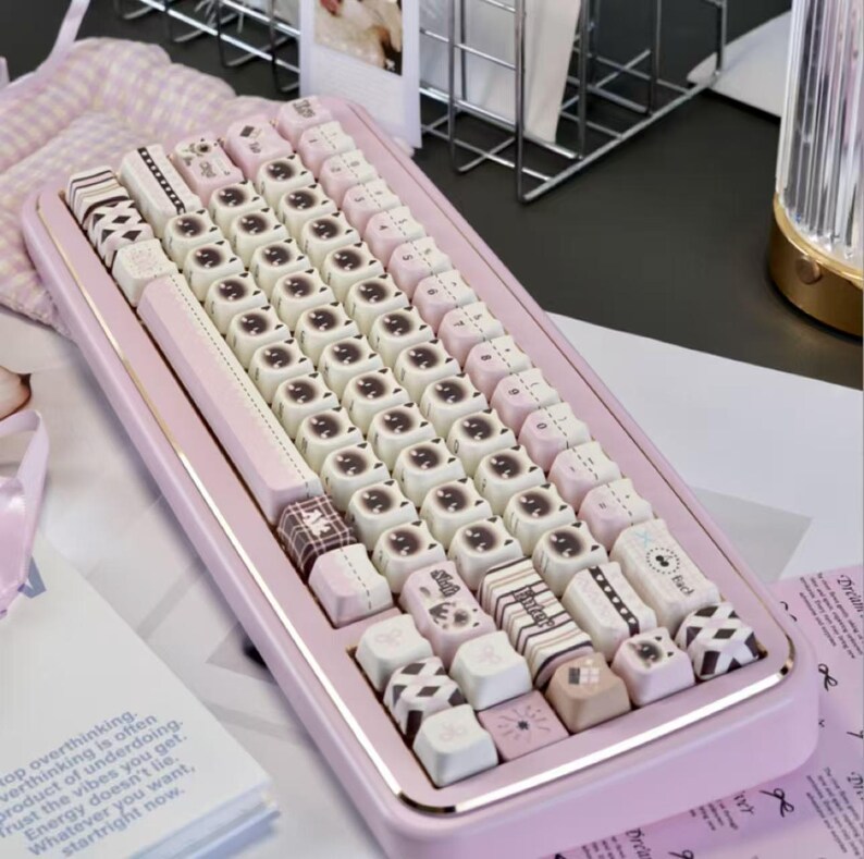 Bowknot-akawaii Pink Siamese Cat Keycaps,5-side Sublimation Keycap Set ...