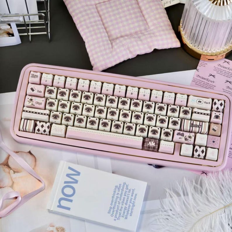 Bowknot-akawaii Pink Siamese Cat Keycaps,5-side Sublimation Keycap Set ...
