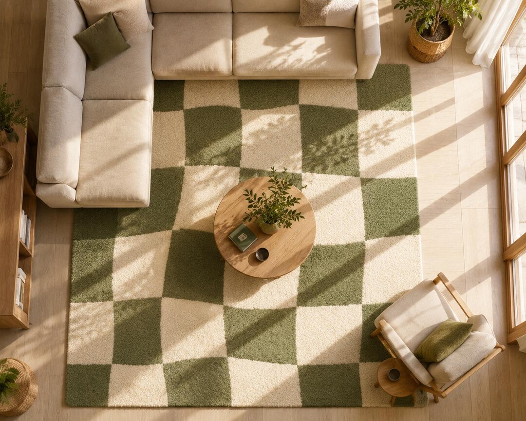 Sage Green Checker Handtufted Rug – Modern Minimalist Wool Area Rug - Etsy