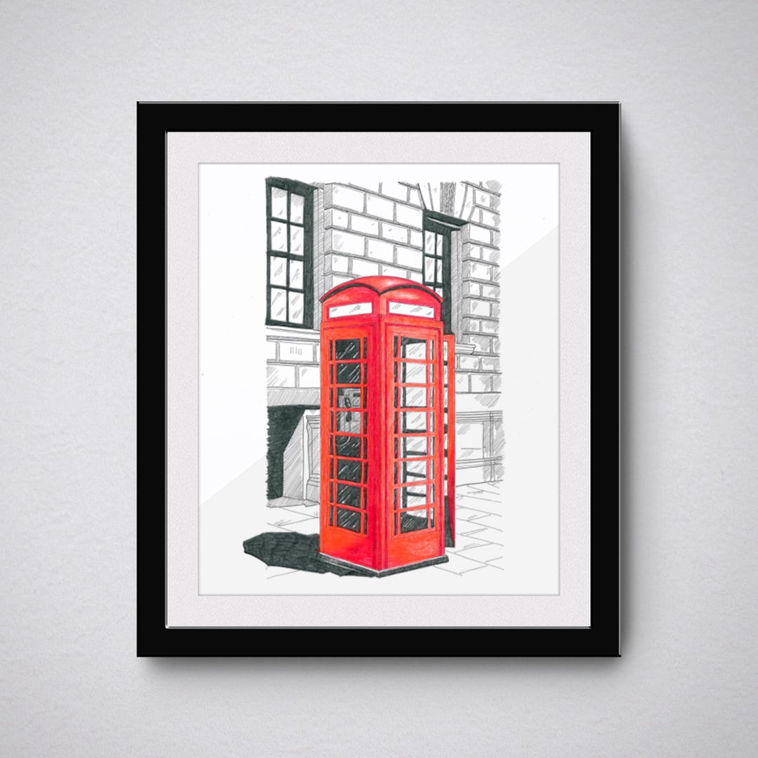 London Red Telephone Booth Drawing – Original Ink and Pastel on 200g ...