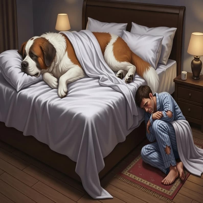 Giant Saint Bernard Dogs Take Over the Bed Art Print | Funny Dog Wall ...