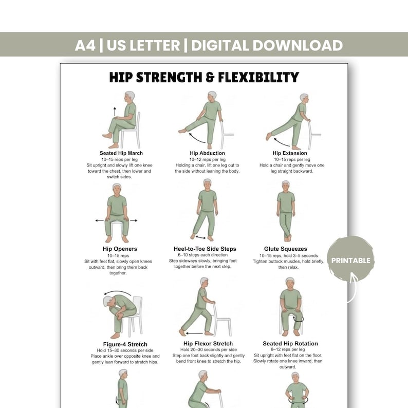 Hips Exercises for Seniors Printable, Hip Strength and Flexibility ...