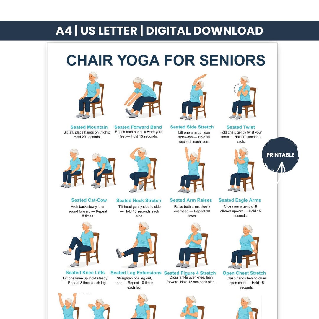 Chair Yoga for Seniors | Printable Seated Chair Yoga Chart | Home Yoga ...