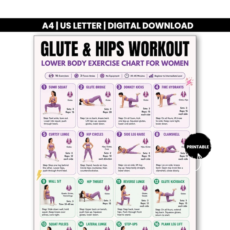 Glute and Hips Workout | Lower Body Exercise Chart | Leg and Glute ...