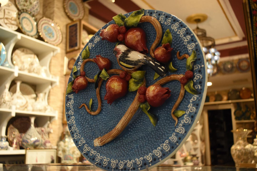 3D Relief Pomegranate Bird Ceramic Plate, Handmade Turkish Ottoman Wall ...