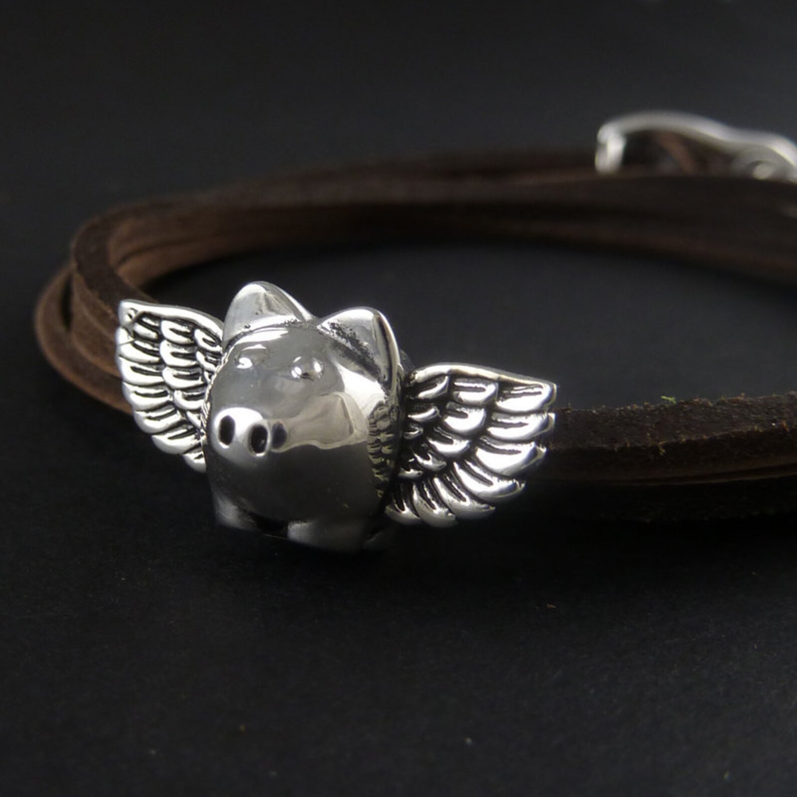 Flying Pig Charm Bracelet - Antique Silver Flying Pig Leather Wrap ...