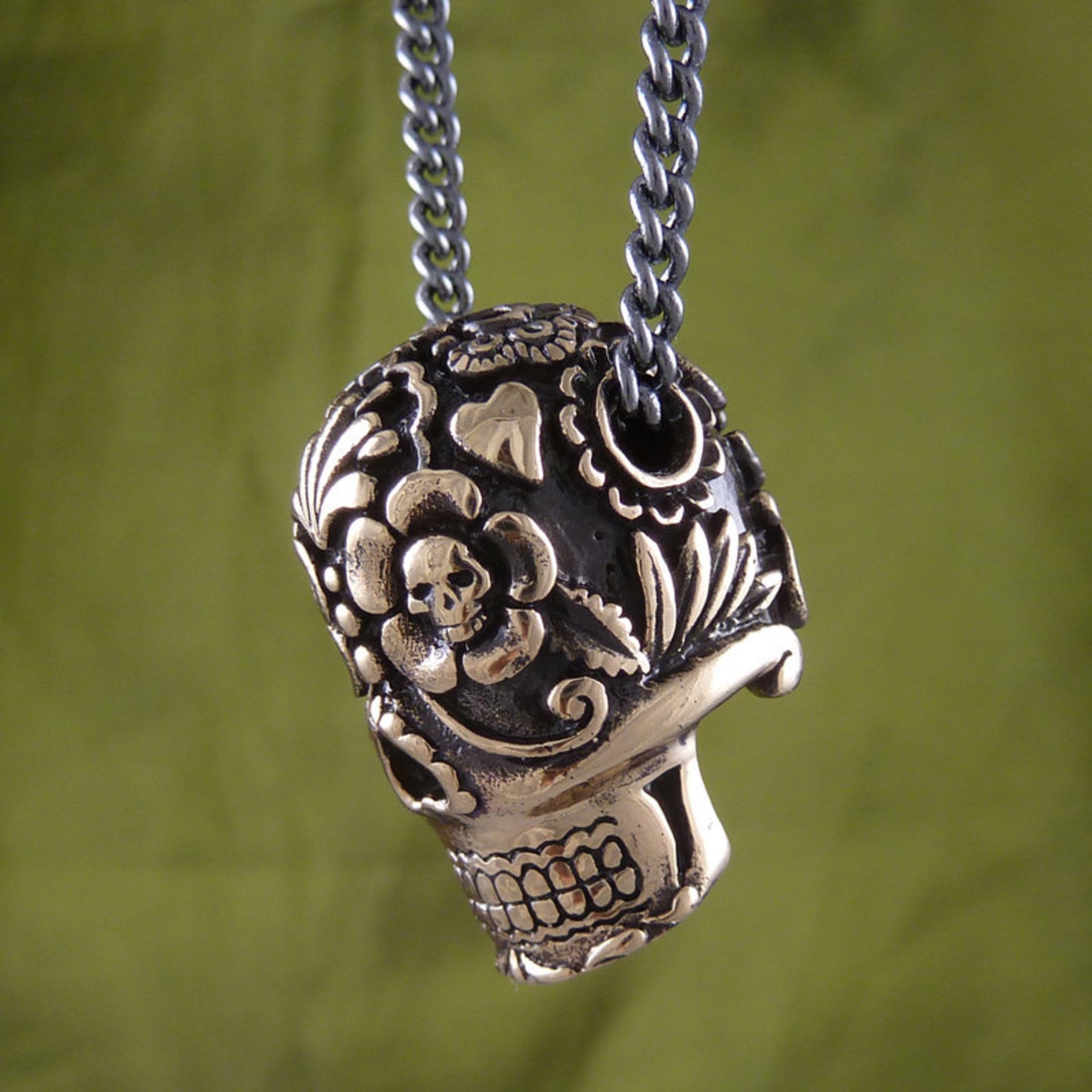 Sugar Skull Necklace Bronze Sugar Skull Pendant Skull - Etsy