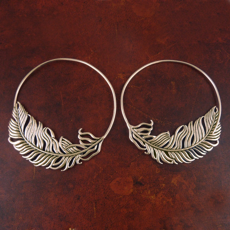Feather Hoop Earrings Bronze Feather Hoop Earrings - Etsy