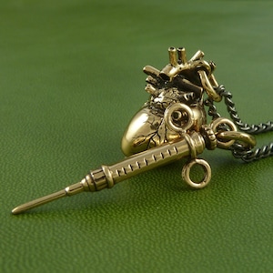 Anatomical Heart and Syringe Necklace - Bronze Heart and Syringe ...