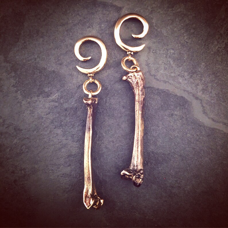 Femur Bone Ear Weights Bronze Raven Femur Gauged Earrings - Etsy