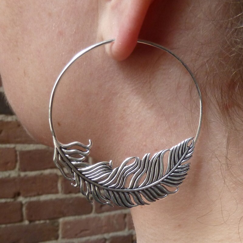Silver Feather Hoop Earrings - Feather Hoop Earrings - Etsy