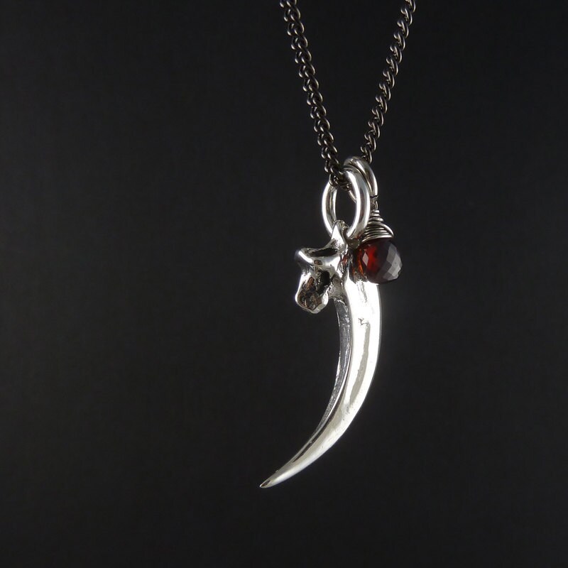 Raven Talon & Garnet Necklace - Antique Silver Raven Talon With ...