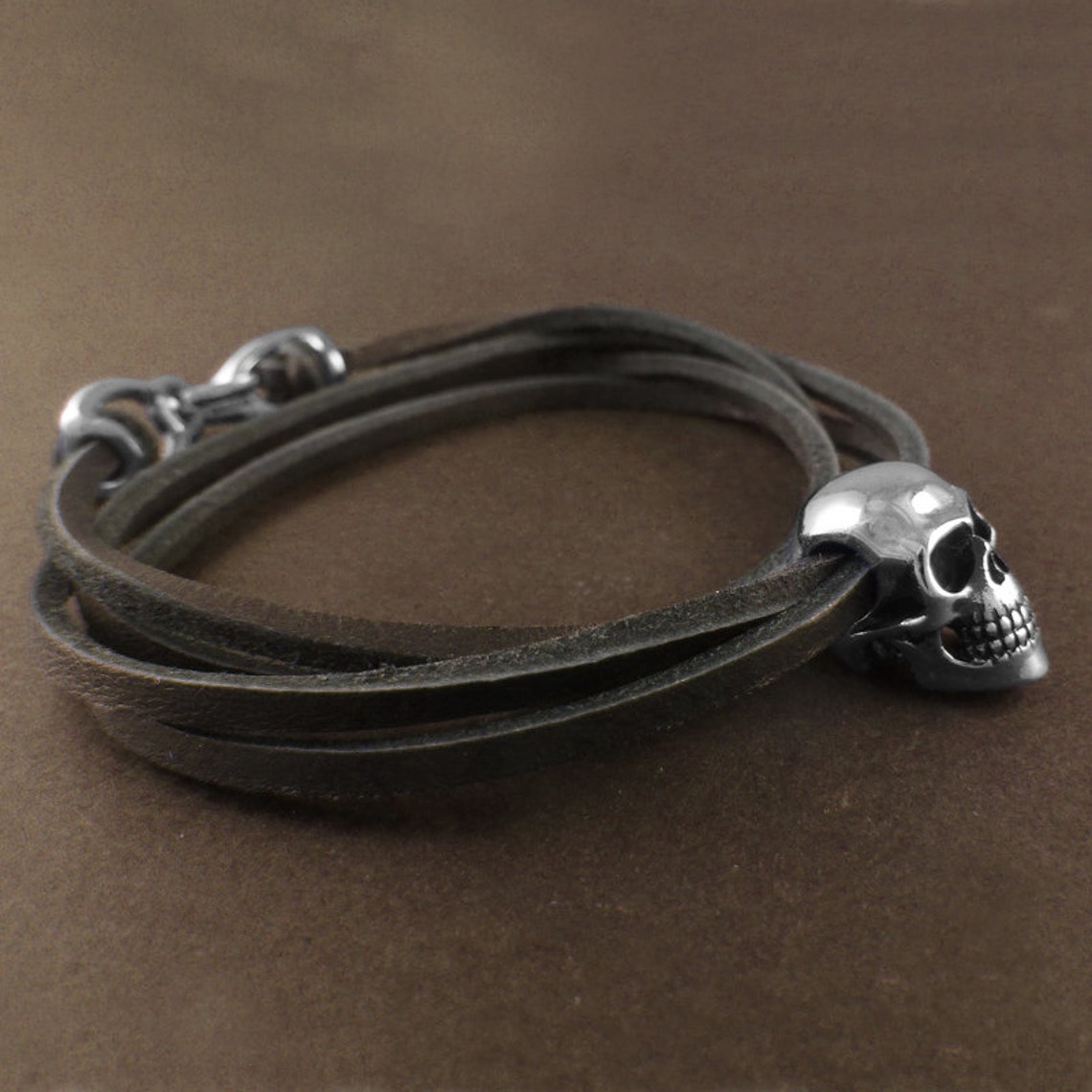 Skull Leather Wrap Bracelet - Antique Silver Human Skull Bracelet ...