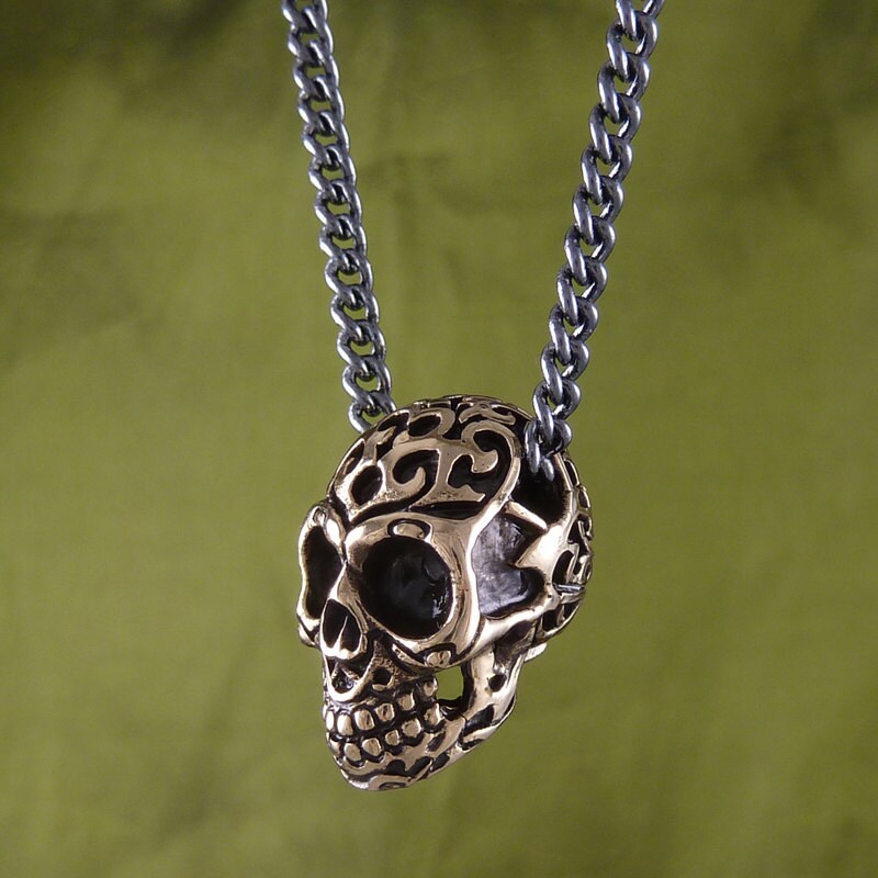 Bronze Skull Necklace - Bronze Human Skull Pendant With Tribal Design ...