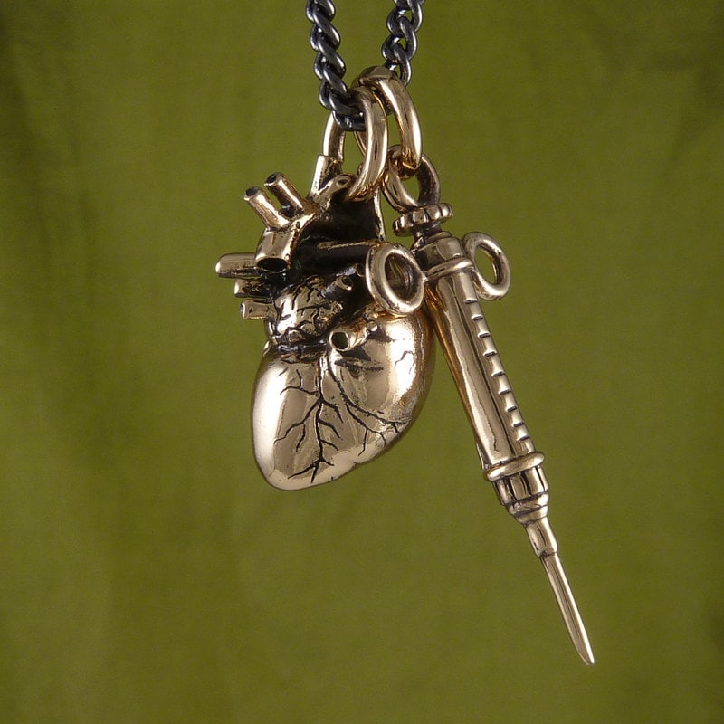 Anatomical Heart and Syringe Necklace - Bronze Heart and Syringe ...