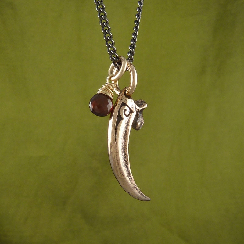 Raven Talon & Garnet Necklace - Bronze Raven Talon With Gold-filled ...