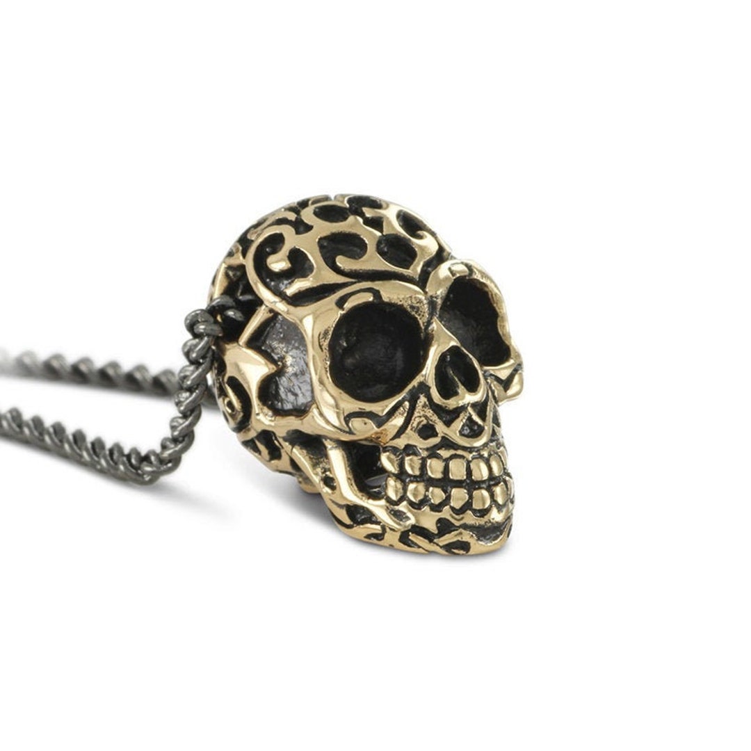 Bronze Skull Necklace Bronze Human Skull Pendant With Tribal Design ...
