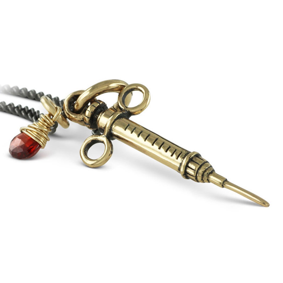 Syringe and Garnet Necklace - Bronze Syringe & Garnet Pendant - Gothic ...