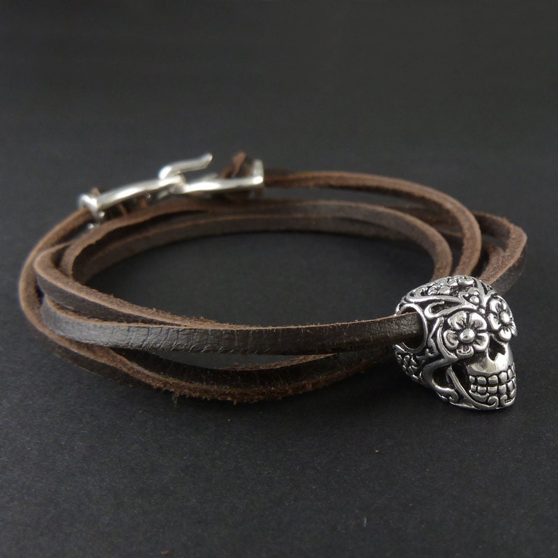 Day of the Dead Bracelet - Antique Silver Skull Leather Bracelet ...