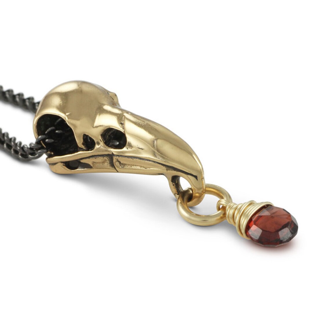 Bird Skull Necklace With Garnet - Bronze Raven Skull & Garnet Pendant ...