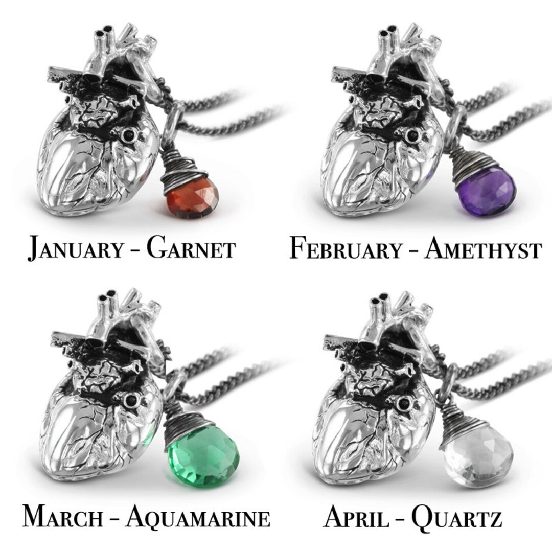 Anatomical Heart & Birthstone Necklace - Antique Silver Anatomical ...