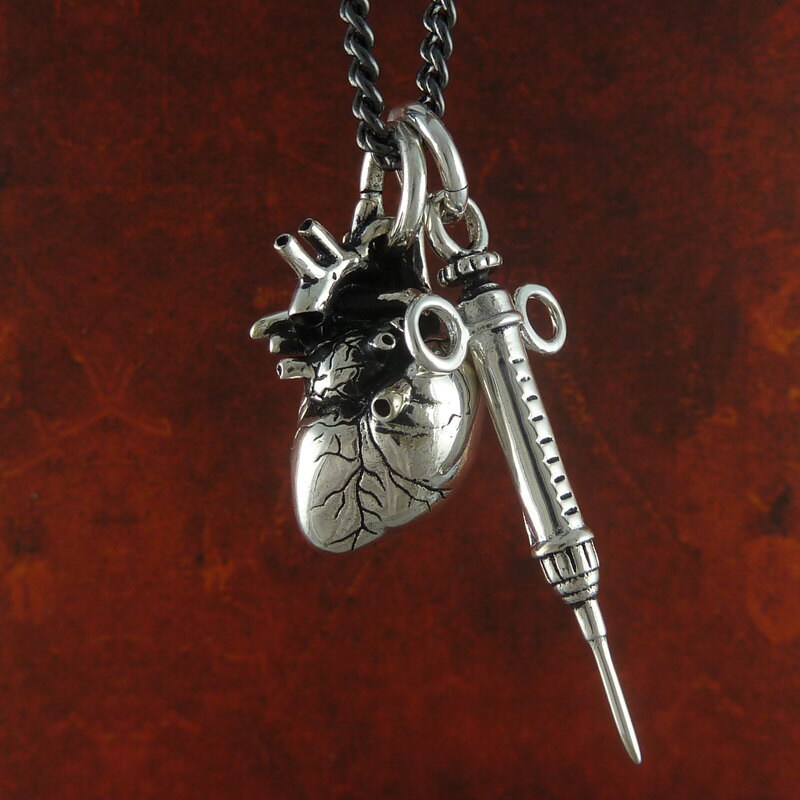 Anatomical Heart and Syringe Necklace Antique Silver - Etsy