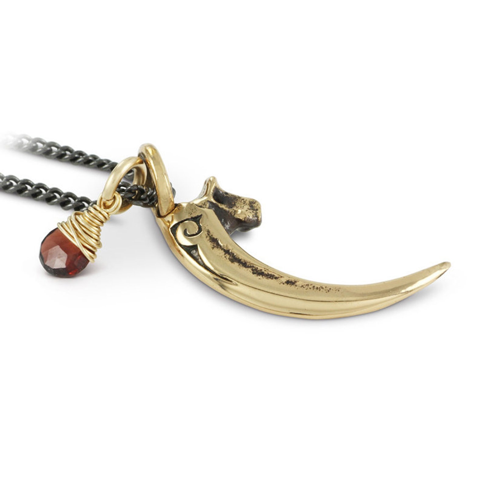Raven Talon & Garnet Necklace - Bronze Raven Talon With Gold-filled ...