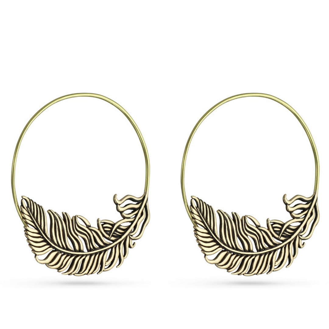 Feather Hoop Earrings - Bronze Feather Hoop Earrings - Etsy