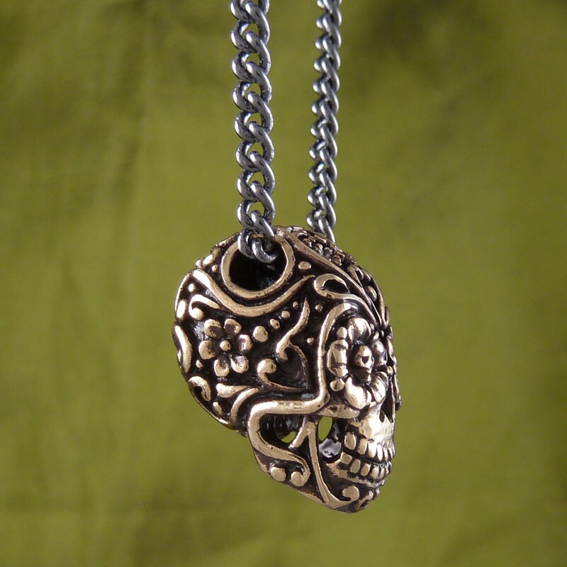 Sugar Skull Necklace Bronze Sugar Skull Pendant - Etsy