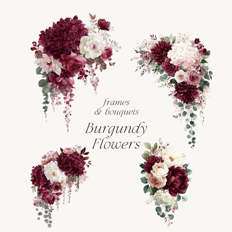 Watercolor Burgundy Floral Clipart - Moody Hanging Flowers, Peonies ...