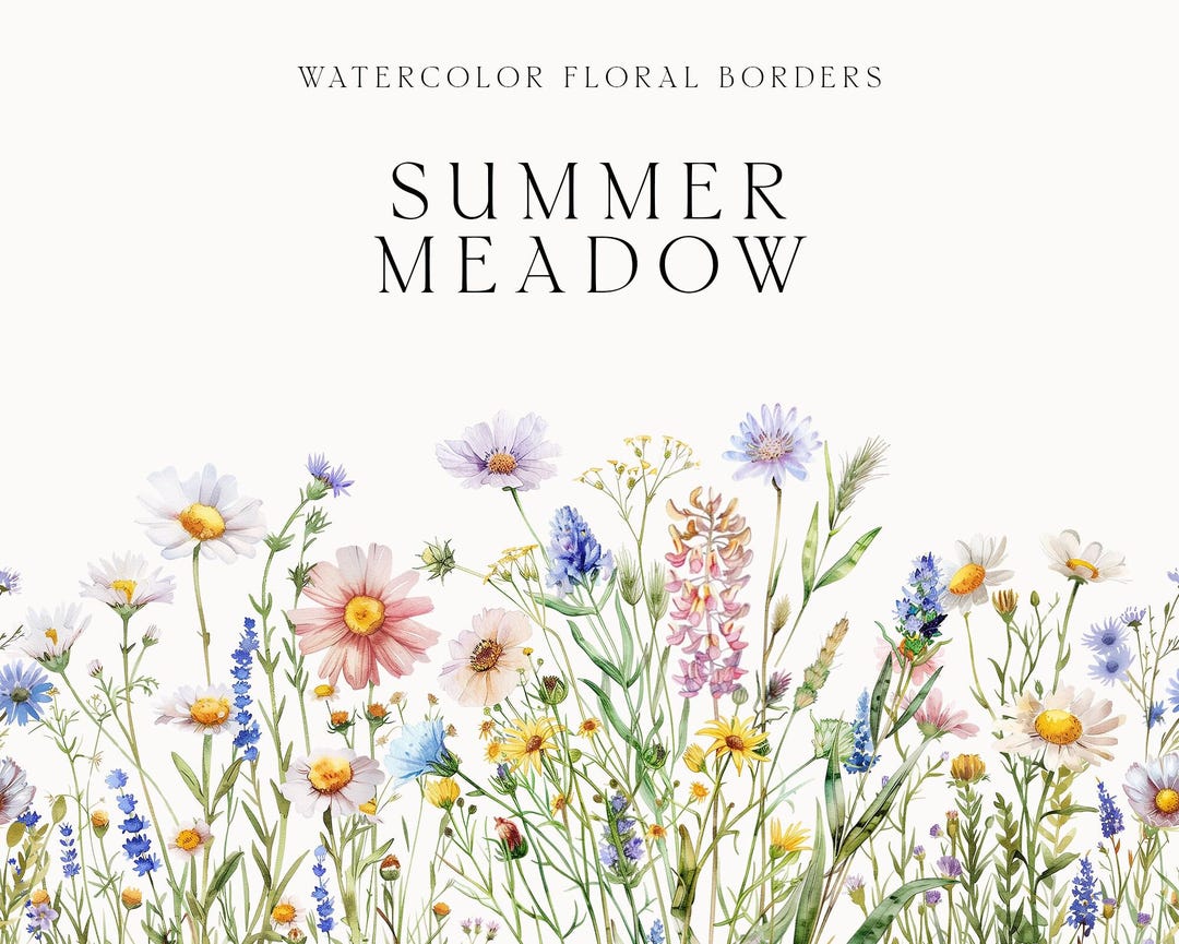 Summer Meadow Borders Clipart - Watercolor Floral Wildflowers Set for ...