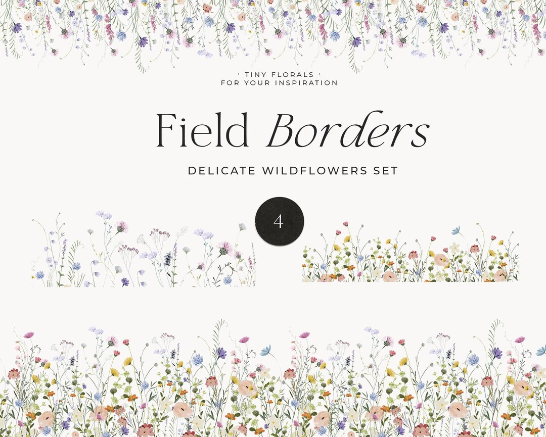 Field Floral Borders Clipart Set - Watercolor Wildflowers Seamless ...