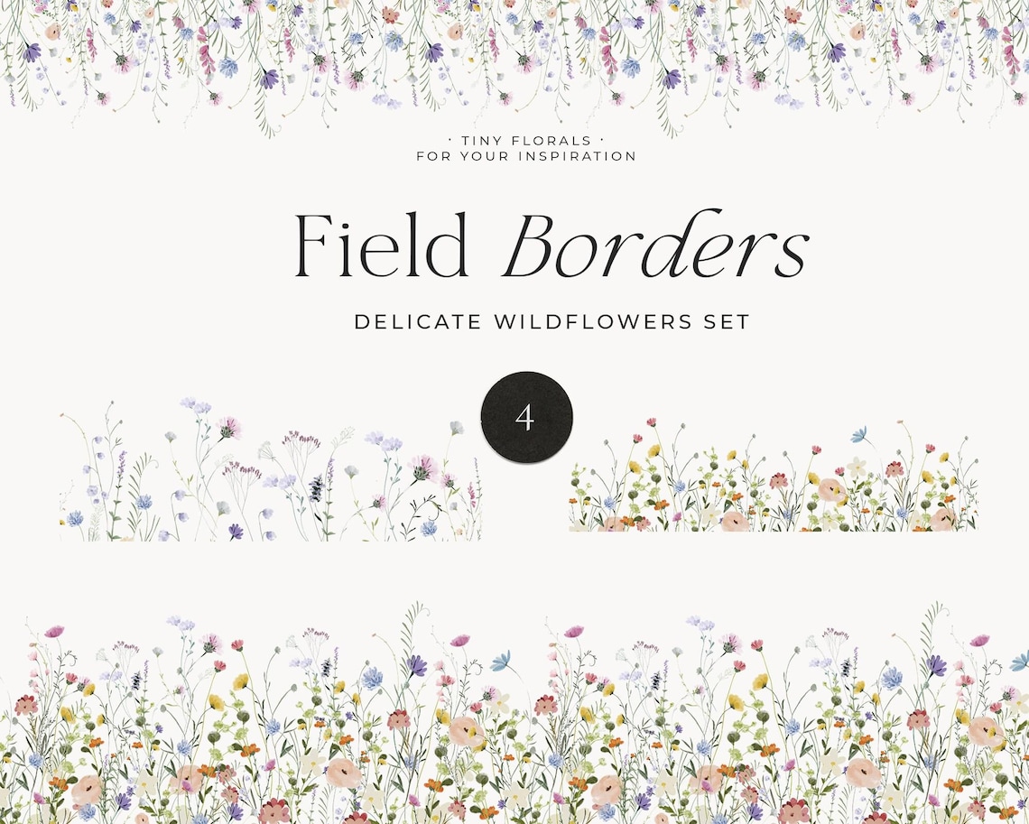 Field Floral Borders Clipart Set - Watercolor Wildflowers Seamless ...