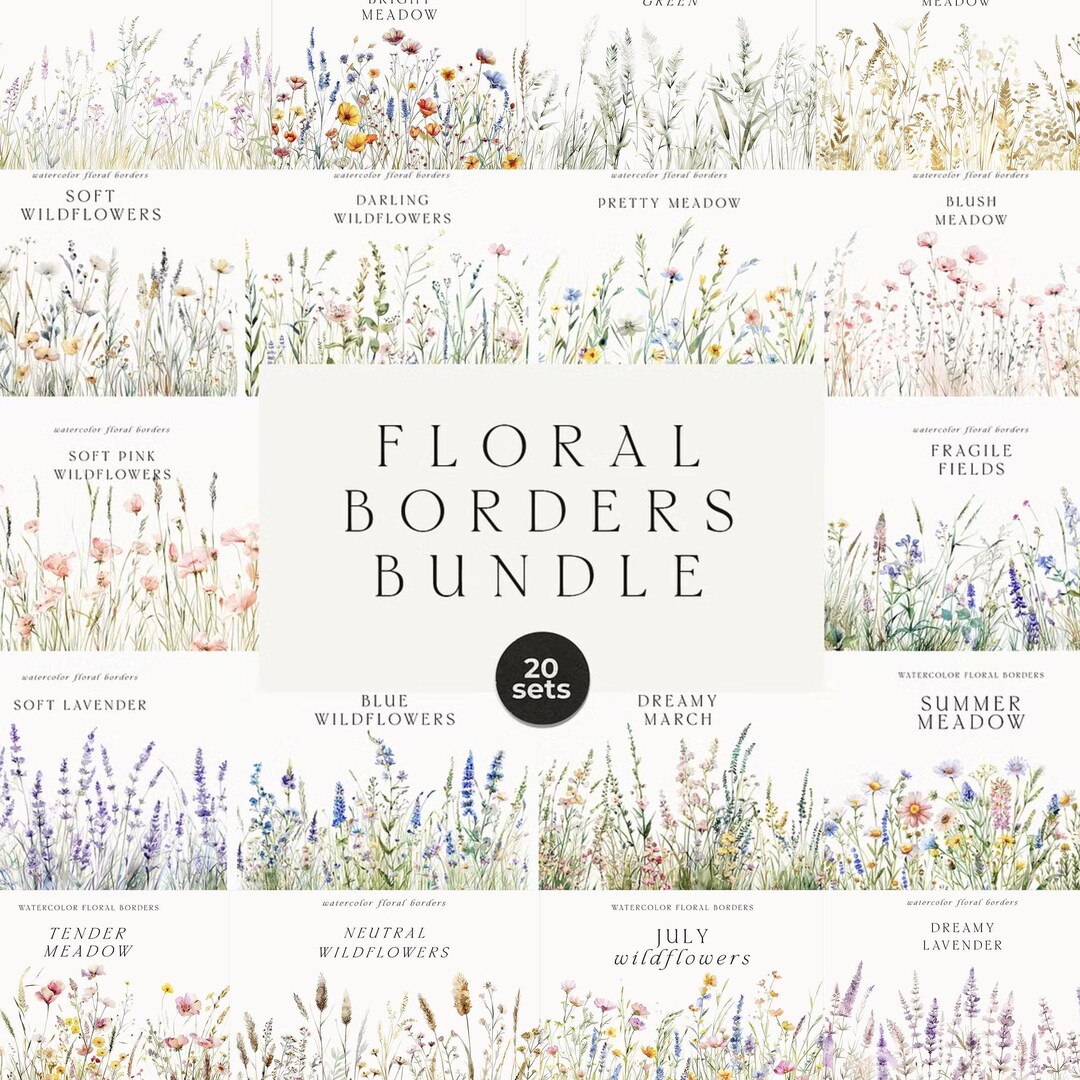 Wildflowers Borders Clipart Bundle - 20 Sets of Watercolor Floral ...