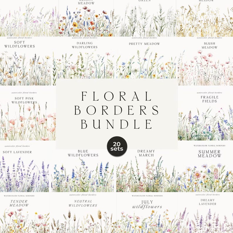 Wildflowers Borders Clipart Bundle - 20 Sets of Watercolor Floral ...