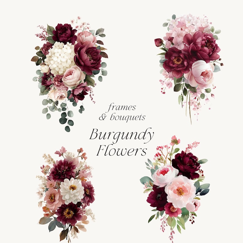 Watercolor Burgundy Floral Clipart - Moody Hanging Flowers, Peonies ...