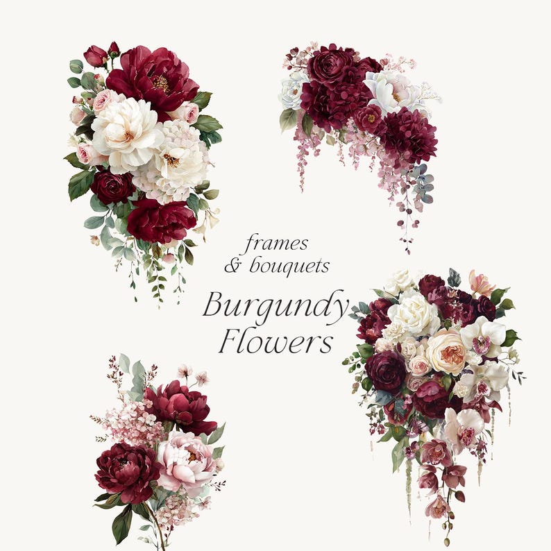 Watercolor Burgundy Floral Clipart - Moody Hanging Flowers, Peonies ...